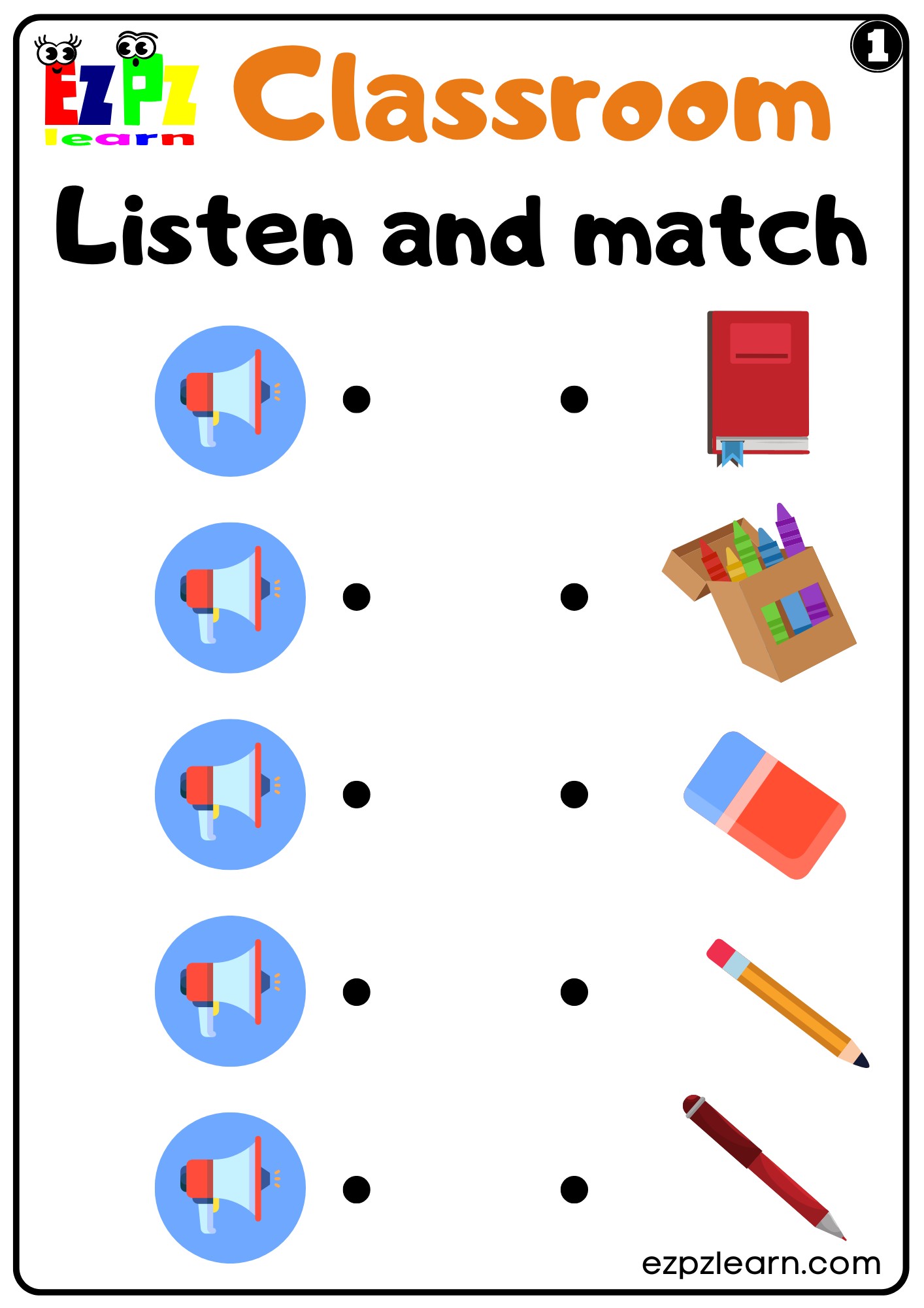 Classroom Objects Listen and Match Interactive Worksheet 1 - Ezpzlearn.com